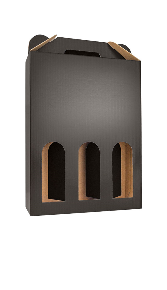 Vingaveæske med automatbund til 3 flasker i robust sort pap